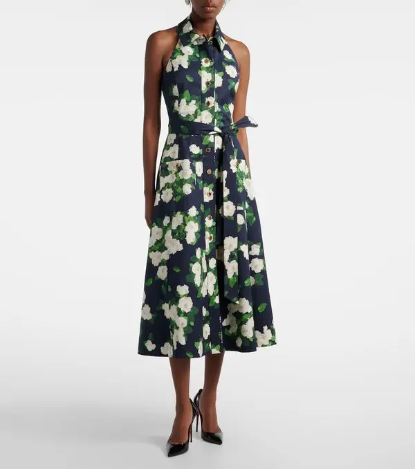 Carolina Herrera Floral Faille Midi Dress - Blue