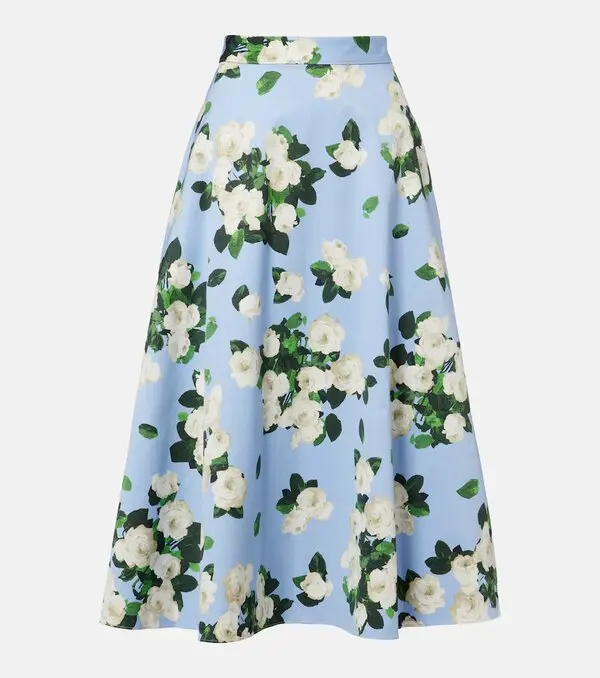 Carolina Herrera Floral Faille Midi Skirt - Blue