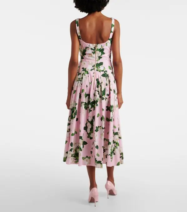 Carolina Herrera Floral Pleated Cotton-blend Midi Dress