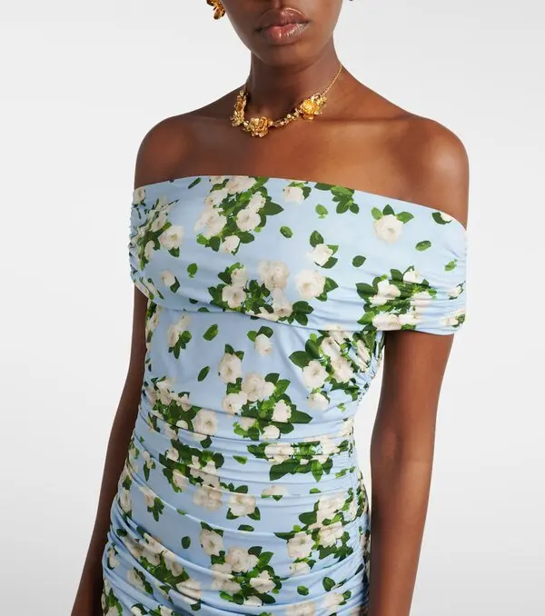 Carolina Herrera Floral Ruched Jersey Midi Dress - Blue