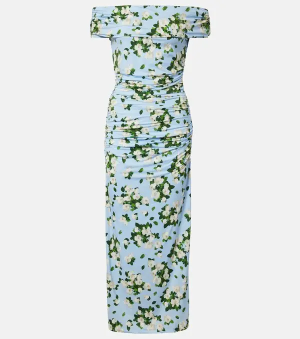 Carolina Herrera Floral Ruched Jersey Midi Dress - Blue
