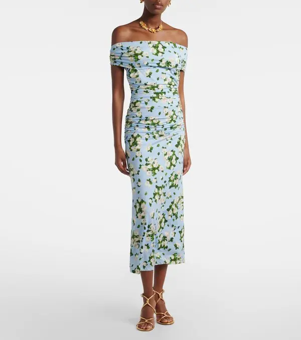 Carolina Herrera Floral Ruched Jersey Midi Dress