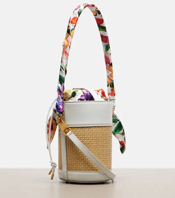 Dolce & Gabbana Raffia Bucket Bag With Leather Trim - White
