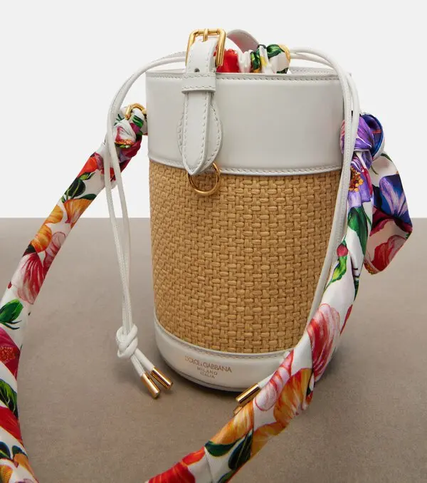 Dolce & Gabbana Raffia Bucket Bag With Leather Trim - White