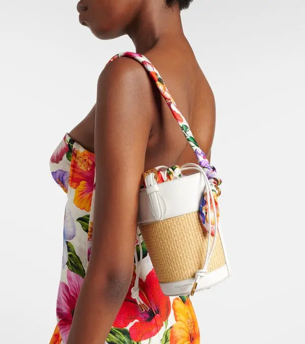 Dolce & Gabbana Raffia Bucket Bag With Leather Trim - White