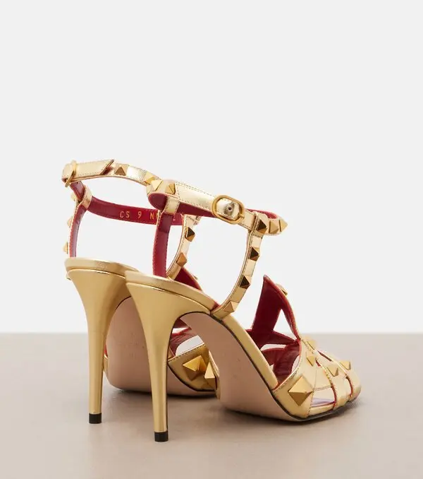 Valentino Garavani Studded Metallic Leather Sandals - Gold