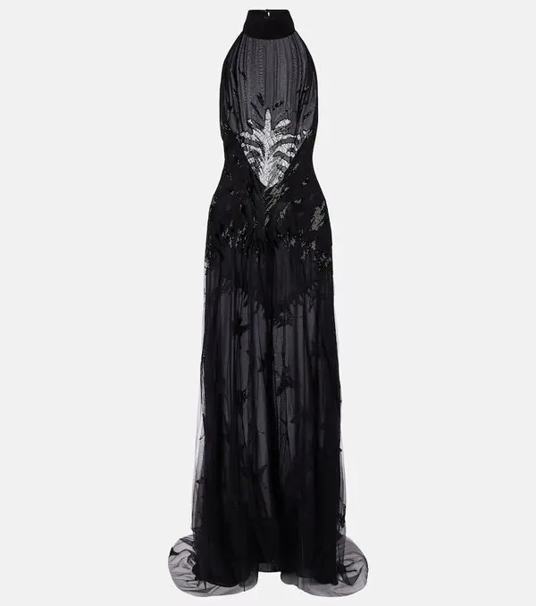Blumarine Embellished Georgette And Lace Maxi Dress - Black
