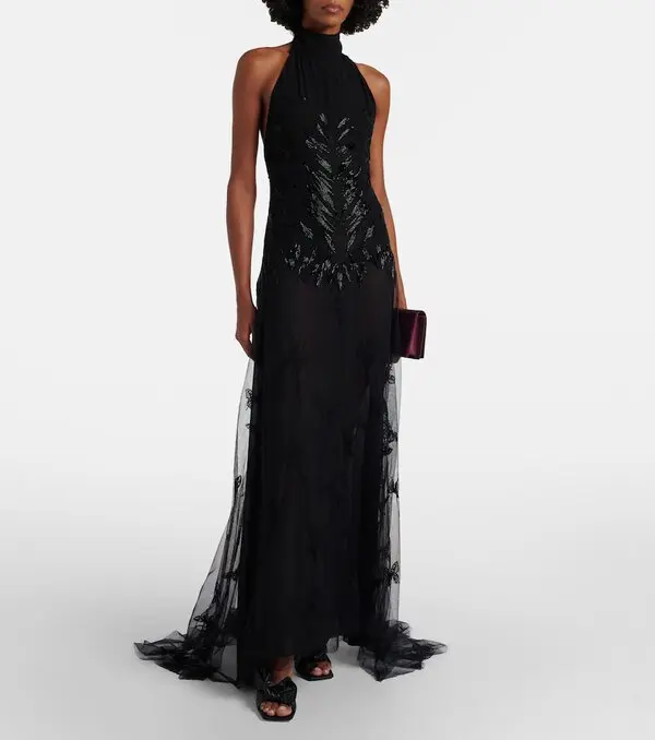 Blumarine Embellished Georgette And Lace Maxi Dress