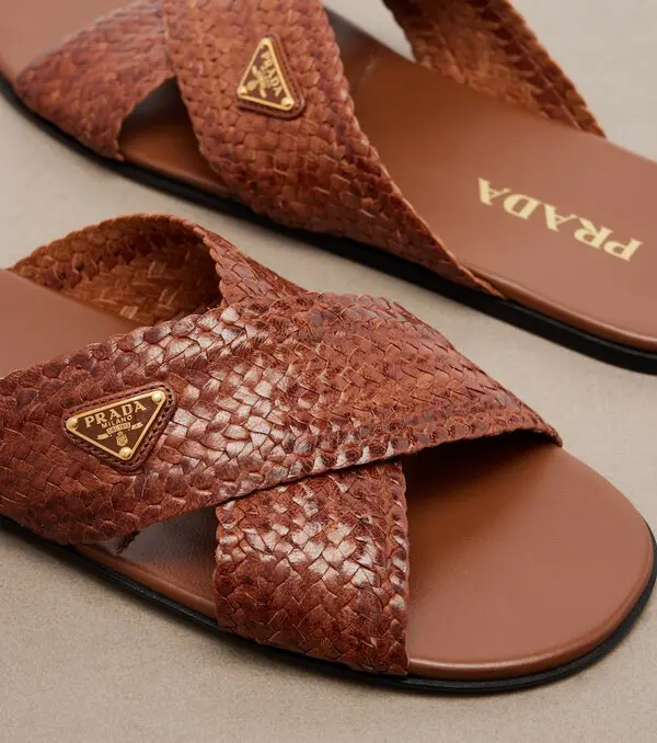 Prada Woven Leather Slides - Brown