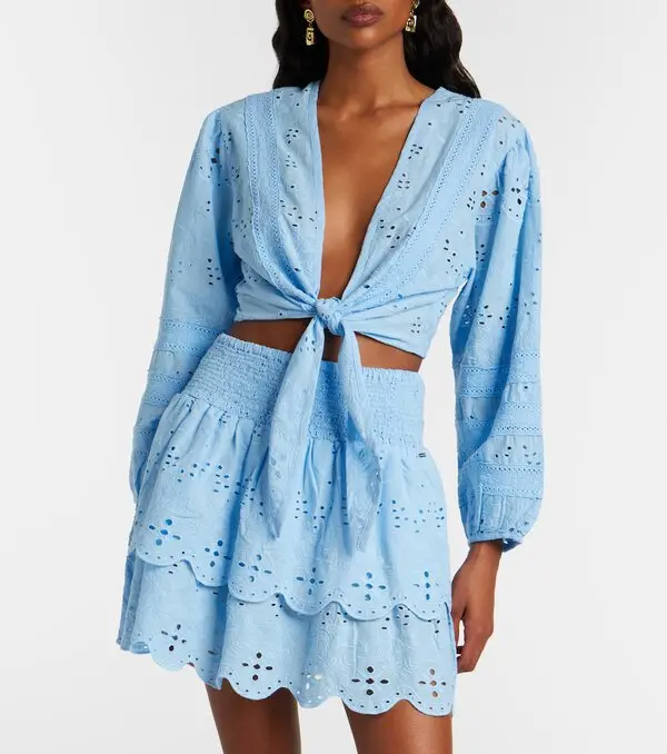 Melissa Odabash Pia Broderie Anglaise Cotton Top - Blue