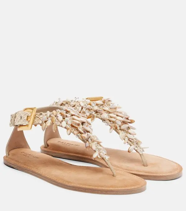 Balmain Embellished Suede Thong Sandals - Beige