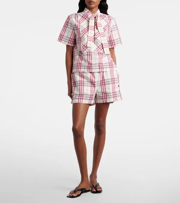 Burberry Check Cotton Blouse With Self-tie Collar