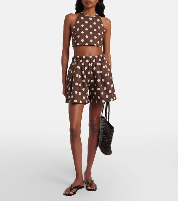 Asceno Linen And Cotton Polka Dot Halter Crop Top - Brown
