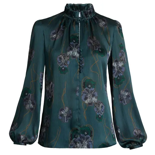 Santorelli Astrid Long Sleeve Ruffle-neck Printed Top
