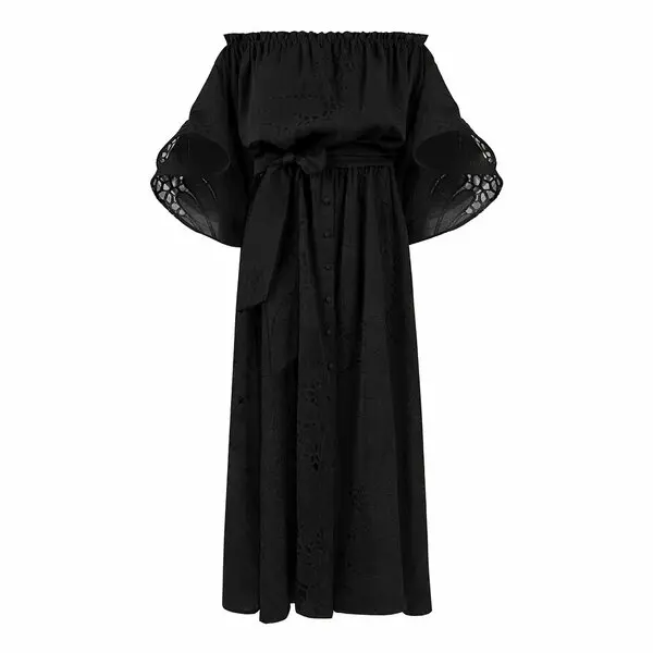 LILAMIE Victoria Wavy Sleeve Ankle Length Resort Dress - Black