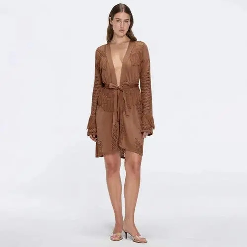 MOEVA Kenga Knitted Knee-length Long-sleeve Belted Kaftan - Brown