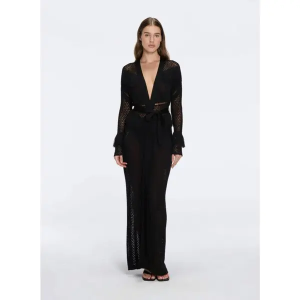 MOEVA Itzel Knitted Mesh Long-sleeve Kaftan - Black