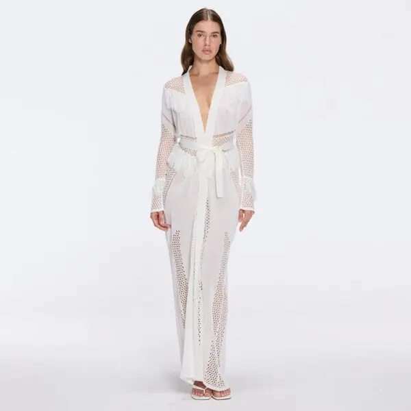 MOEVA Itzel Knitted Mesh Long-sleeve Kaftan - White