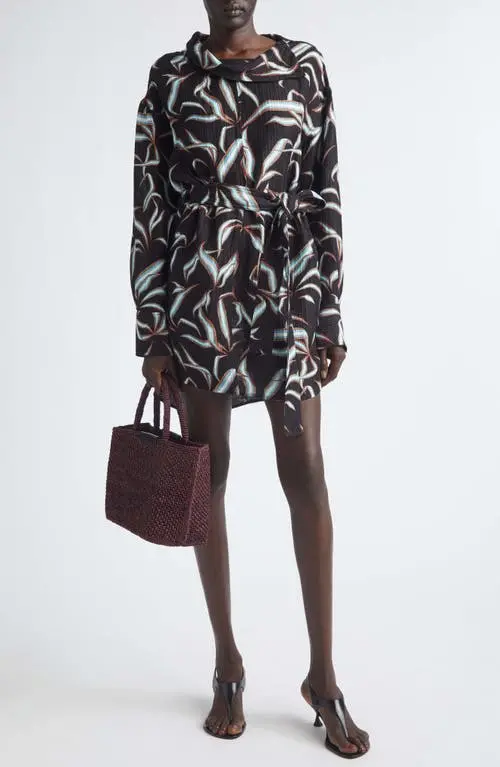 Proenza Schouler Floral Long Sleeve Linen & Silk Matelassé Shirtdress - Black Multi