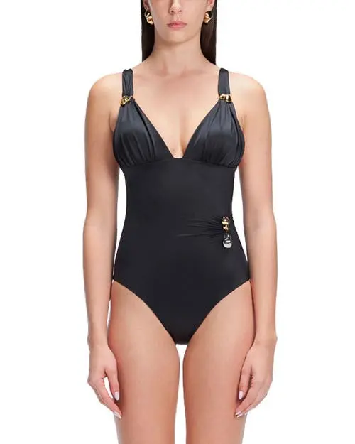 MOEVA Marina Halter Neck One Piece Swimsuit With Ruched Detailing - Black
