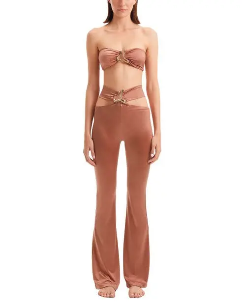 MOEVA Jenna High Waist Flared Cut-out Pants With Gold Accessory In Italian Satin