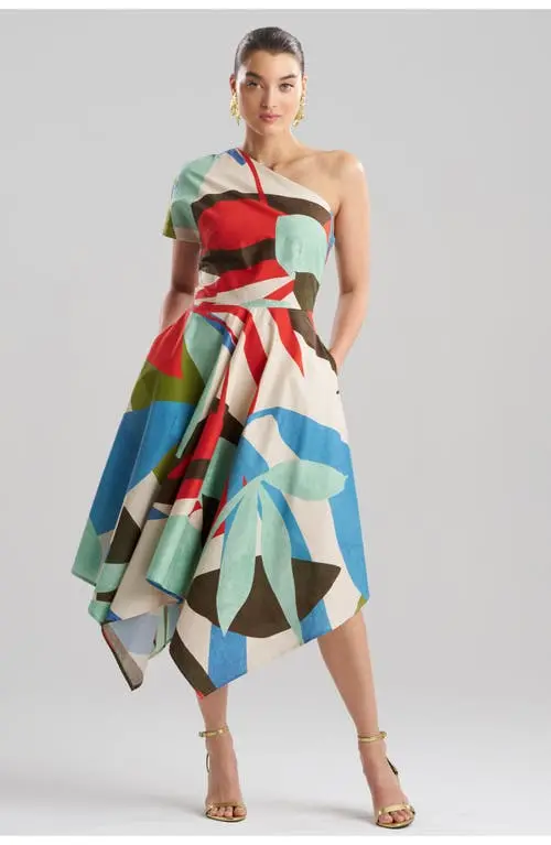 Natori Abstract Palm One Shoulder Handkerchief Hem Dress - Multi