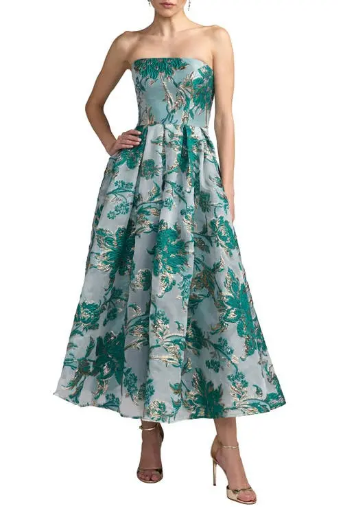 Mac Duggal Strapless Floral Brocade Midi Dress With Pockets - Teal