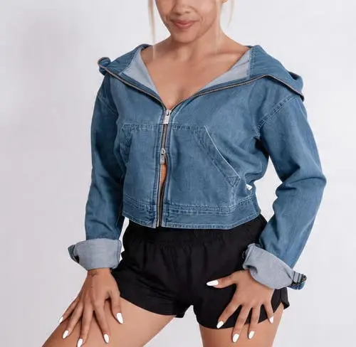 LAS LOUNGEWEAR Cropped Jacket With Zippered Sleeves And Hood - Denim