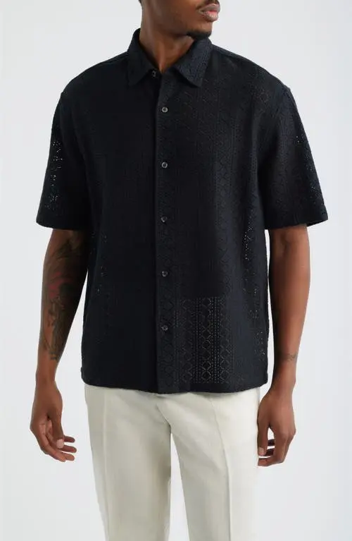 OPEN EDIT Boxy Lace Short Sleeve Button-up Shirt - Black