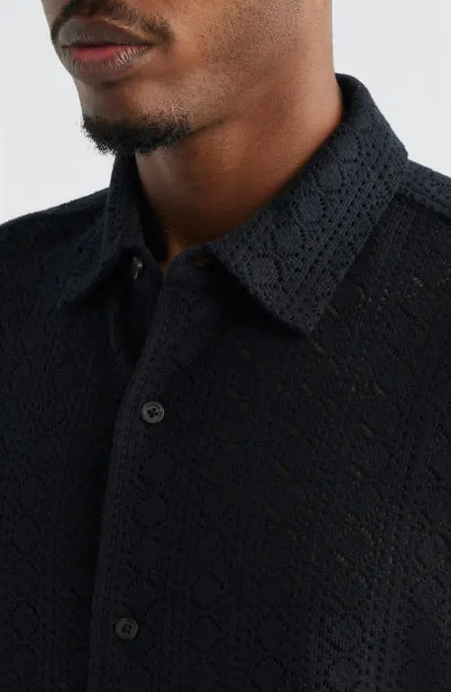 OPEN EDIT Boxy Lace Short Sleeve Button-up Shirt - Black