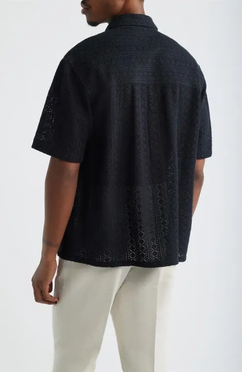OPEN EDIT Boxy Lace Short Sleeve Button-up Shirt - Black