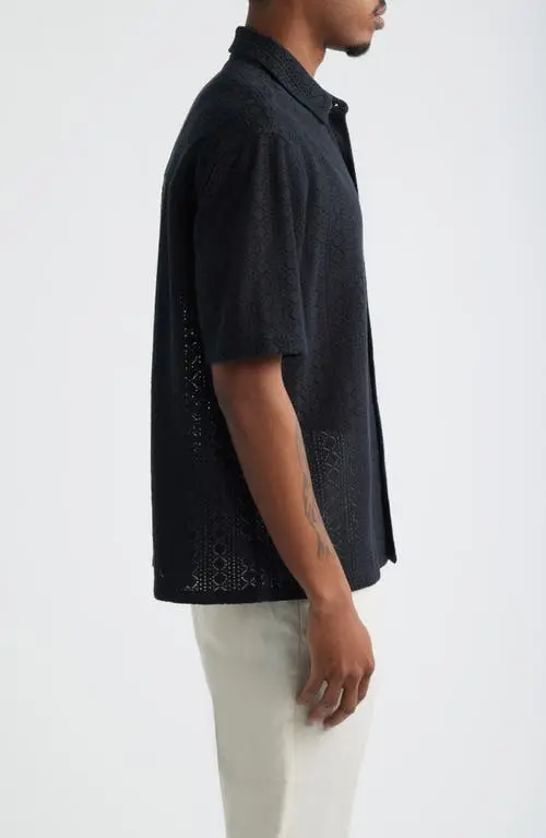 OPEN EDIT Boxy Lace Short Sleeve Button-up Shirt - Black