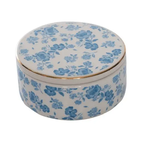 TOTALEE GIFT Floral Ring Dish With Lid Ceramic - Blue
