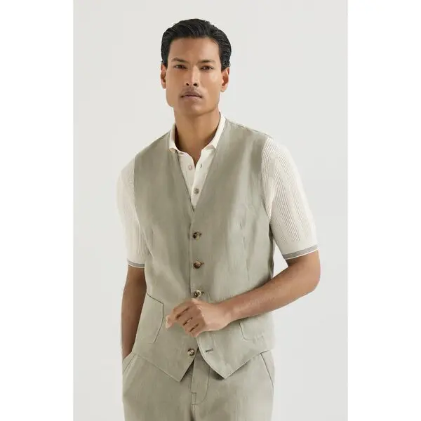 Brunello Cucinelli Linen Herringbone Waistcoat - Sage