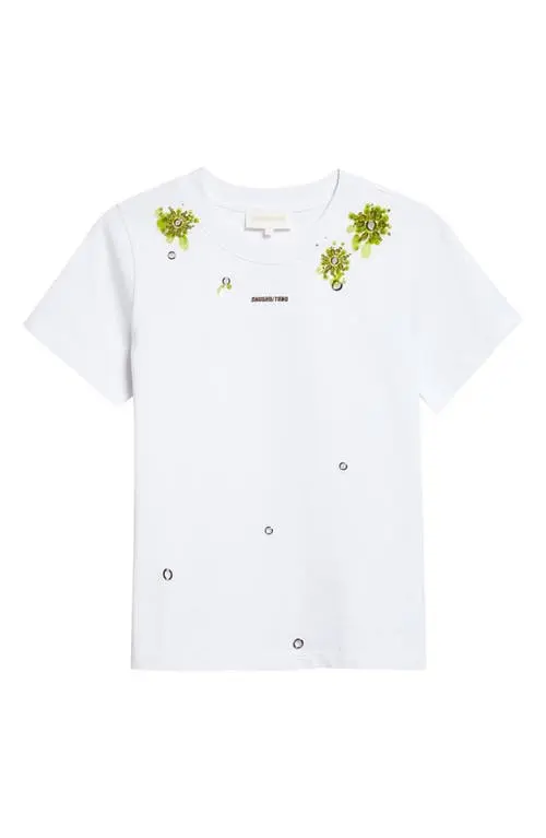 SHUSHU/TONG Beaded Floral Grommet Logo T-shirt