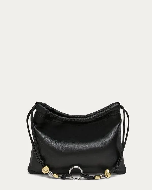 AIMEE Tie Breaker Woven Shoulder Bag With Stone Accents - Black