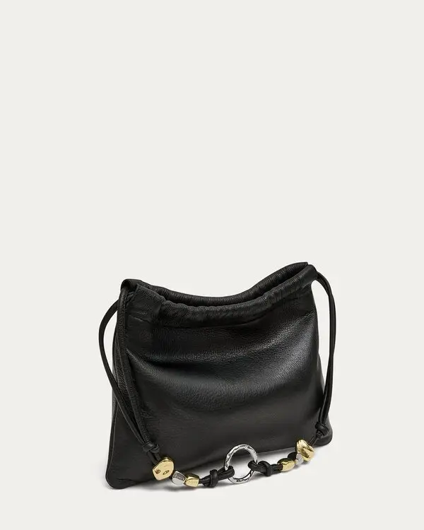 AIMEE Tie Breaker Woven Shoulder Bag With Stone Accents - Black