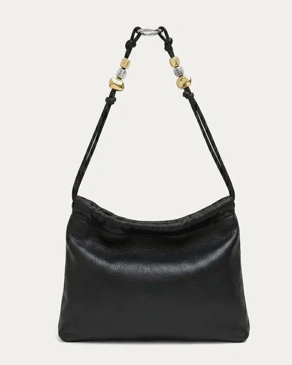 AIMEE Tie Breaker Woven Shoulder Bag With Stone Accents - Black