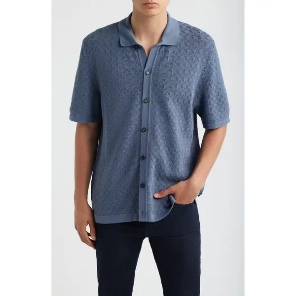 BOSS Nappo Pointelle Short Sleeve Button-up Shirt - Open Blue