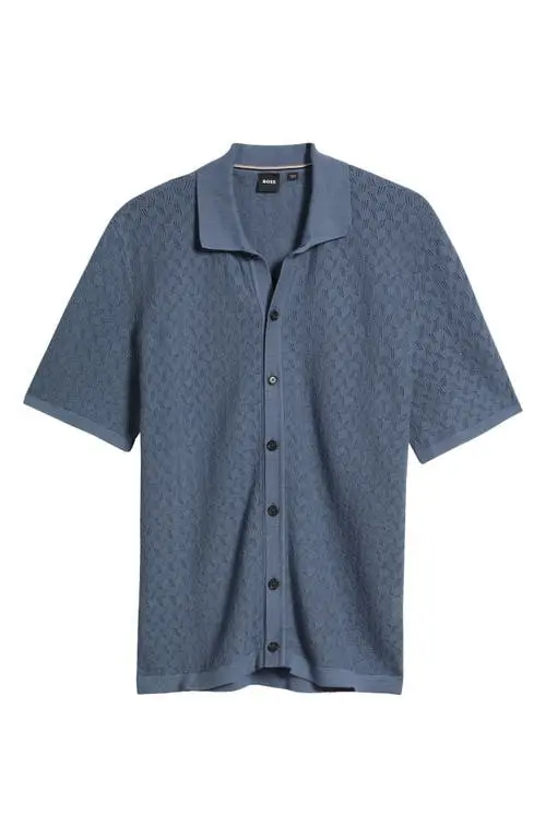BOSS Nappo Pointelle Short Sleeve Button-up Shirt - Open Blue