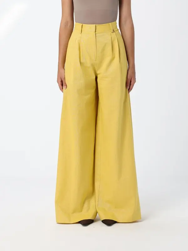 TWINSET High-waisted Palazzo Trousers In Linen And Cotton Blend - Yellow