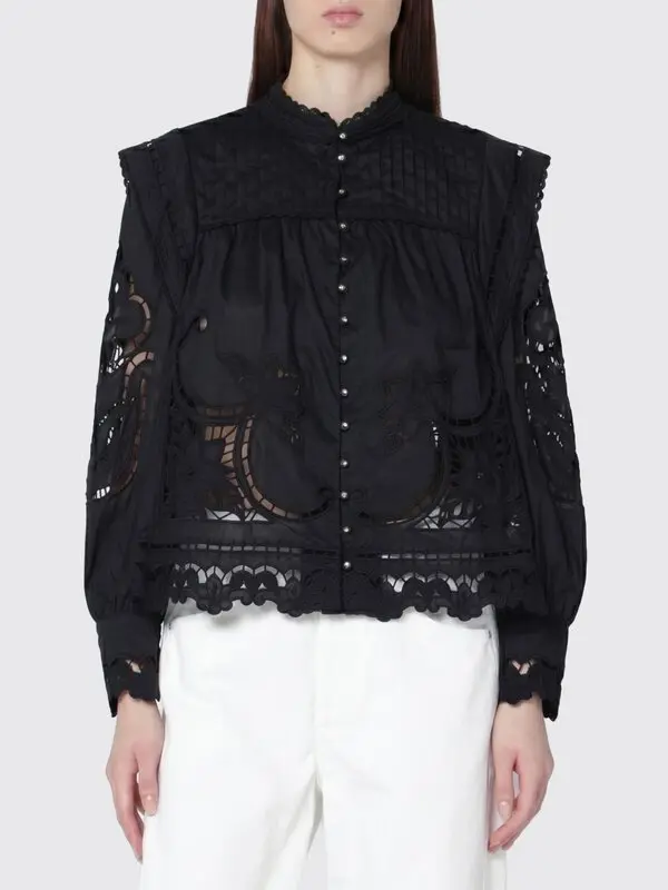 Farm Rio Cotton Richelieu Shirt With Macramé Inserts - Black