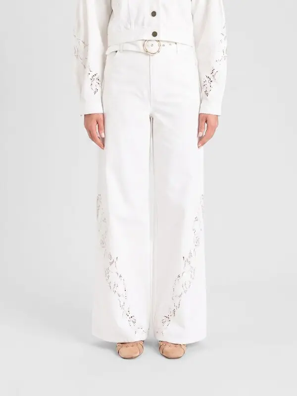 TWINSET Cotton High Waisted Trousers With Lace Inserts - White