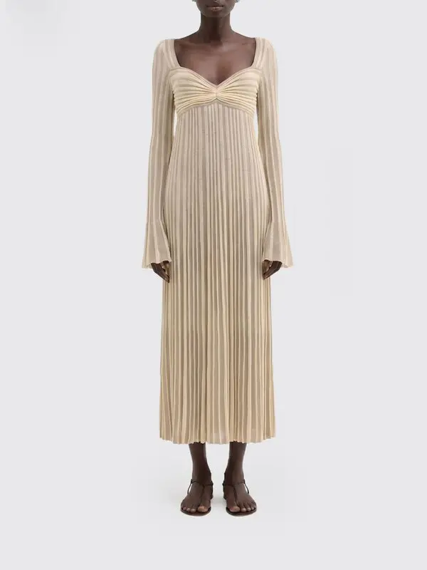 MARGHERITA MACCAPANI Long Sleeve V-neck Midi Dress - Beige