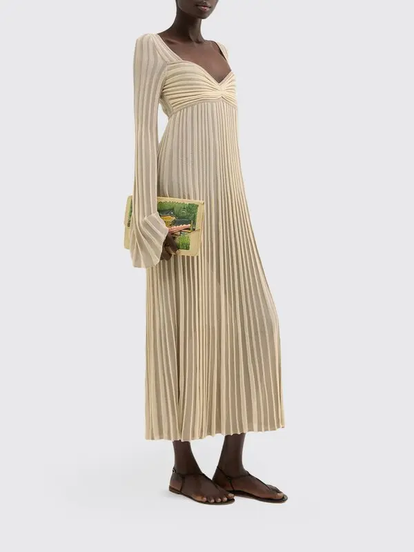 MARGHERITA MACCAPANI Long Sleeve V-neck Midi Dress - Beige
