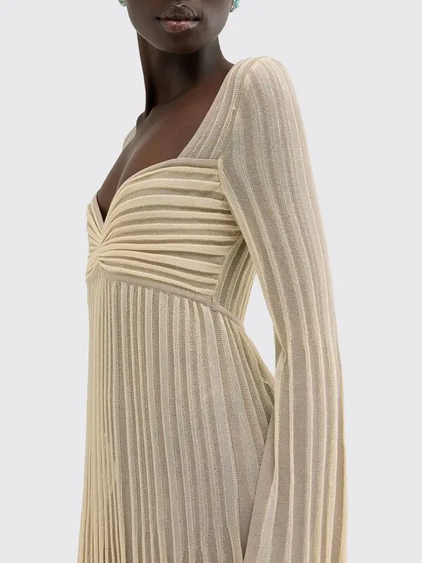 MARGHERITA MACCAPANI Long Sleeve V-neck Midi Dress - Beige
