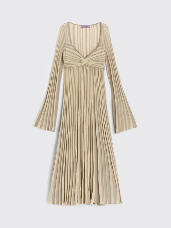 MARGHERITA MACCAPANI Long Sleeve V-neck Midi Dress - Beige