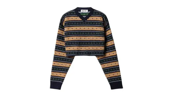 Miu Miu V-neck Fair Isle Knit Cropped Sweater - Blue