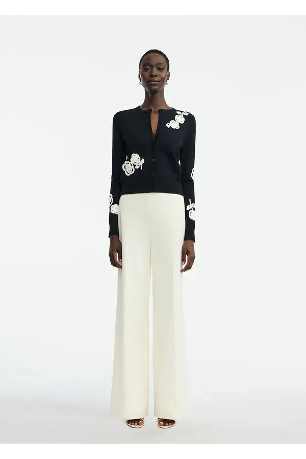 Lela Rose Crochet Applique Knit Cardigan