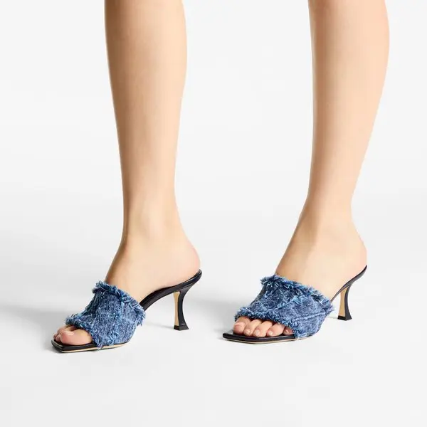 JIMMY CHOO Alexia 70 Crosshatch Denim Mules